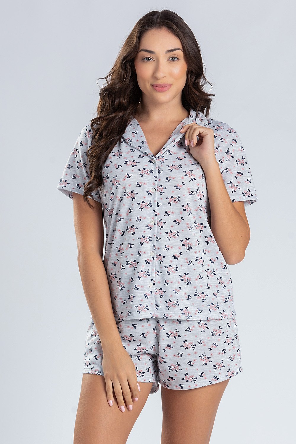 Pijama Americano Curto Loja Zus Mescla com Floral