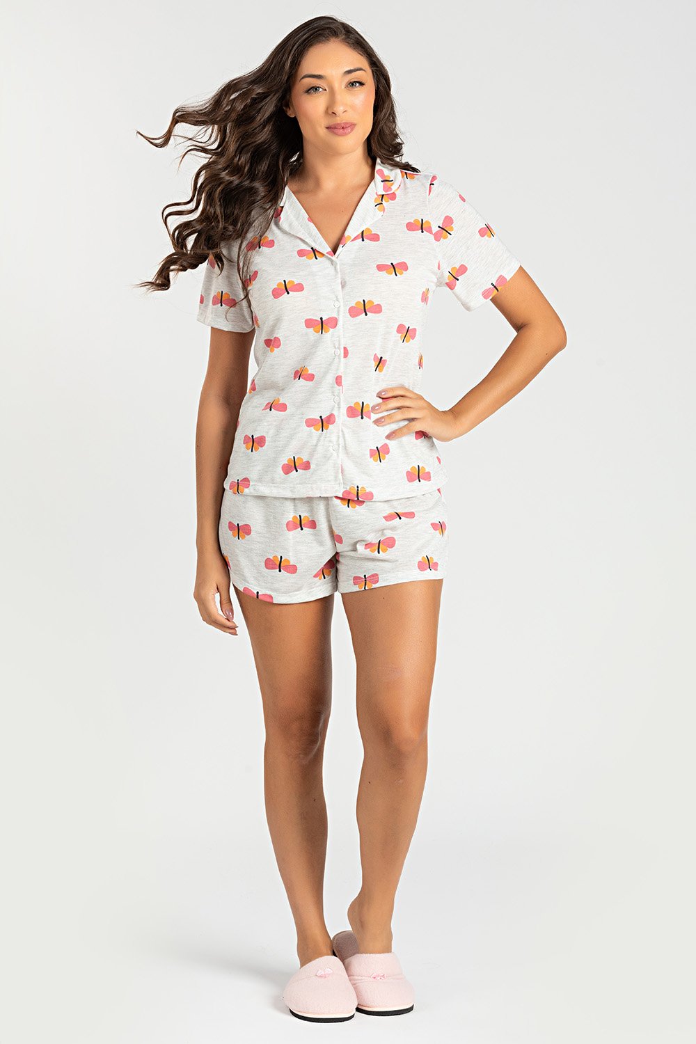 Pijama Americano Curto Loja Zus Borboletas Fundo Mescla