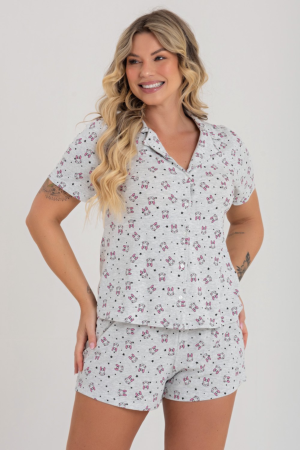 Pijama Americano Curto Loja Zus Coelhos Fundo Mescla