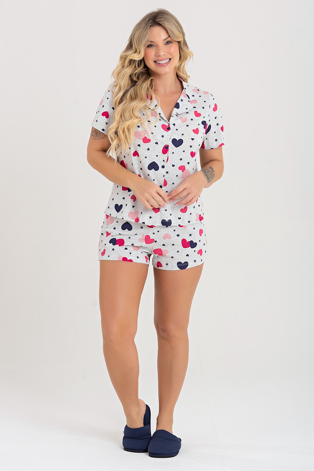 Pijama Americano Curto Loja Zus Corações Rosa Fundo Mescla