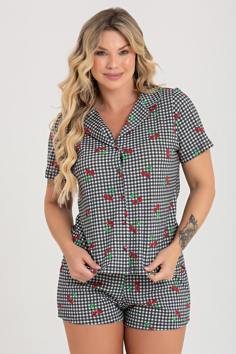 Pijama Americano Curto Loja Zus Cereja Xadrez